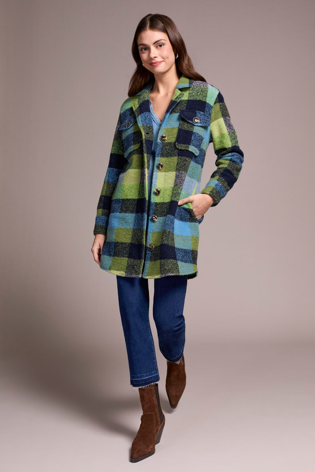 Knit Plaid Notch Collar Shacket-Nightfall – Tribal® Fashion
