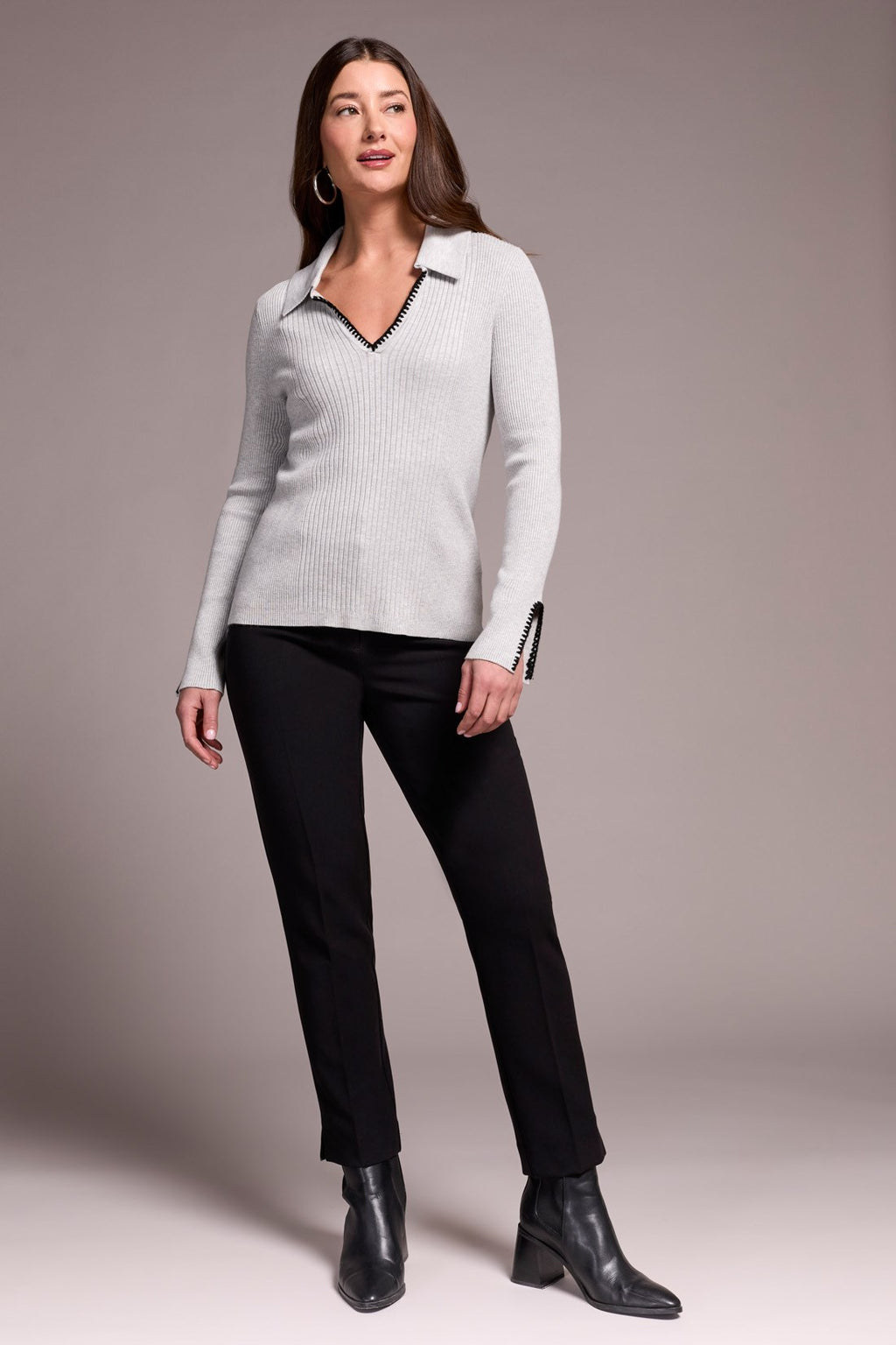 Top Stitch Johnny Collar Lightweight Sweater-Grey mix – Tribal® Fashion