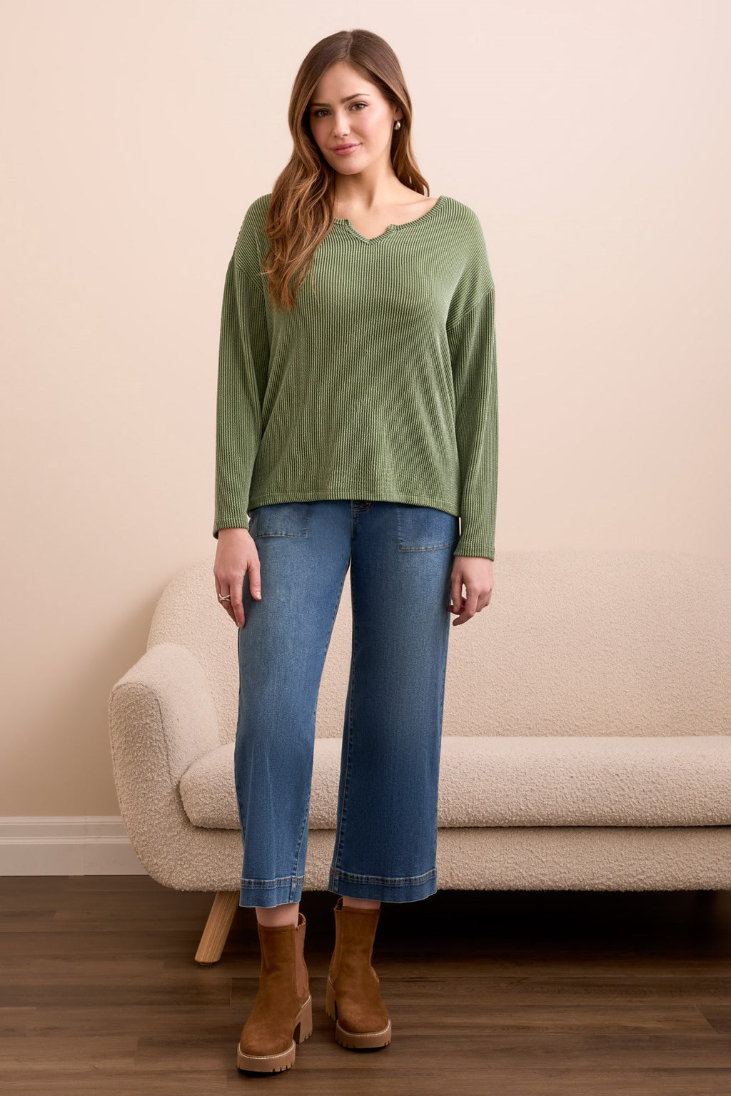Long-Sleeve Notch Collar Top-Chive – Tribal® Fashion