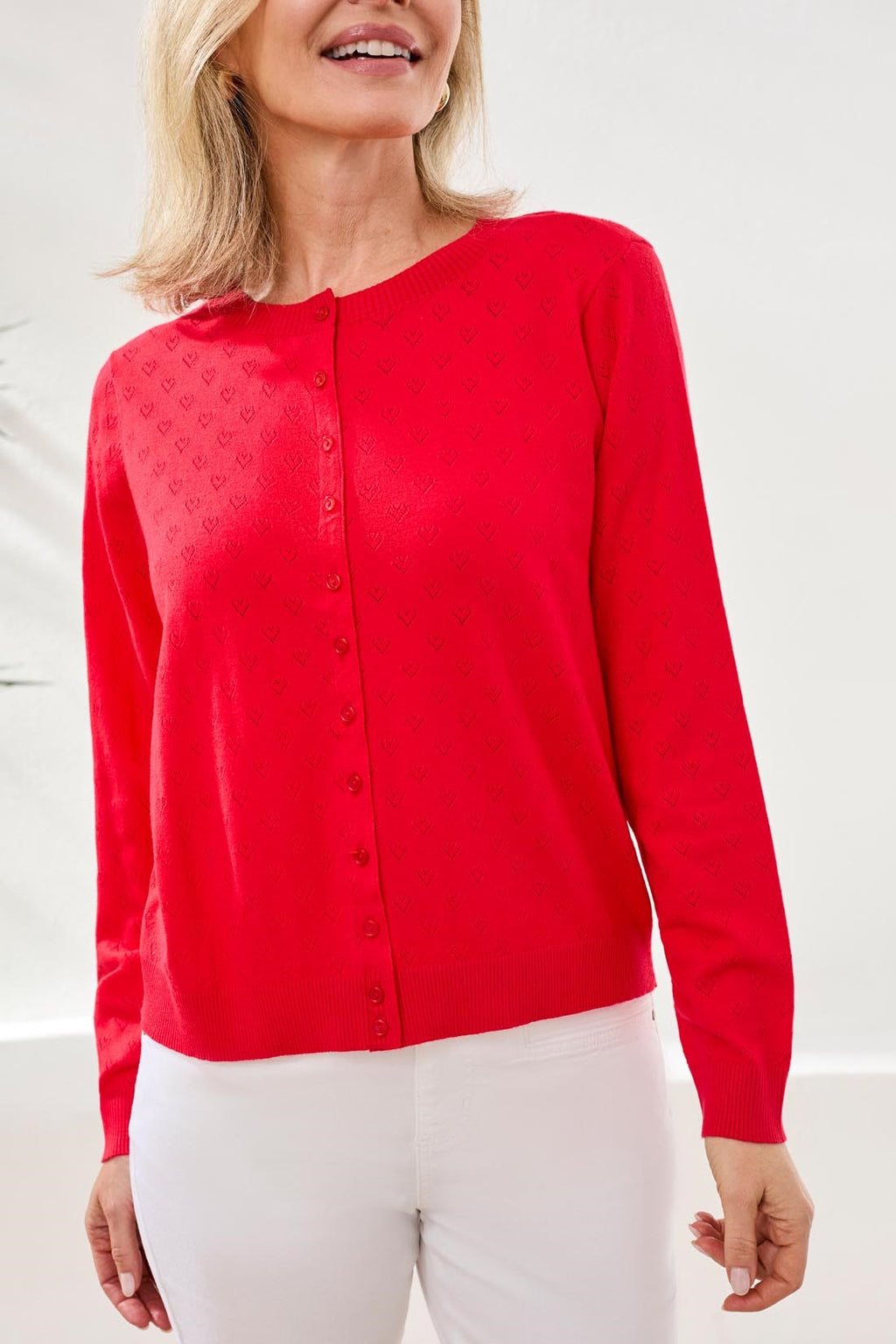 Pointelle Knit Cardigan Sweater With Button-Front Closure-Rouge ...